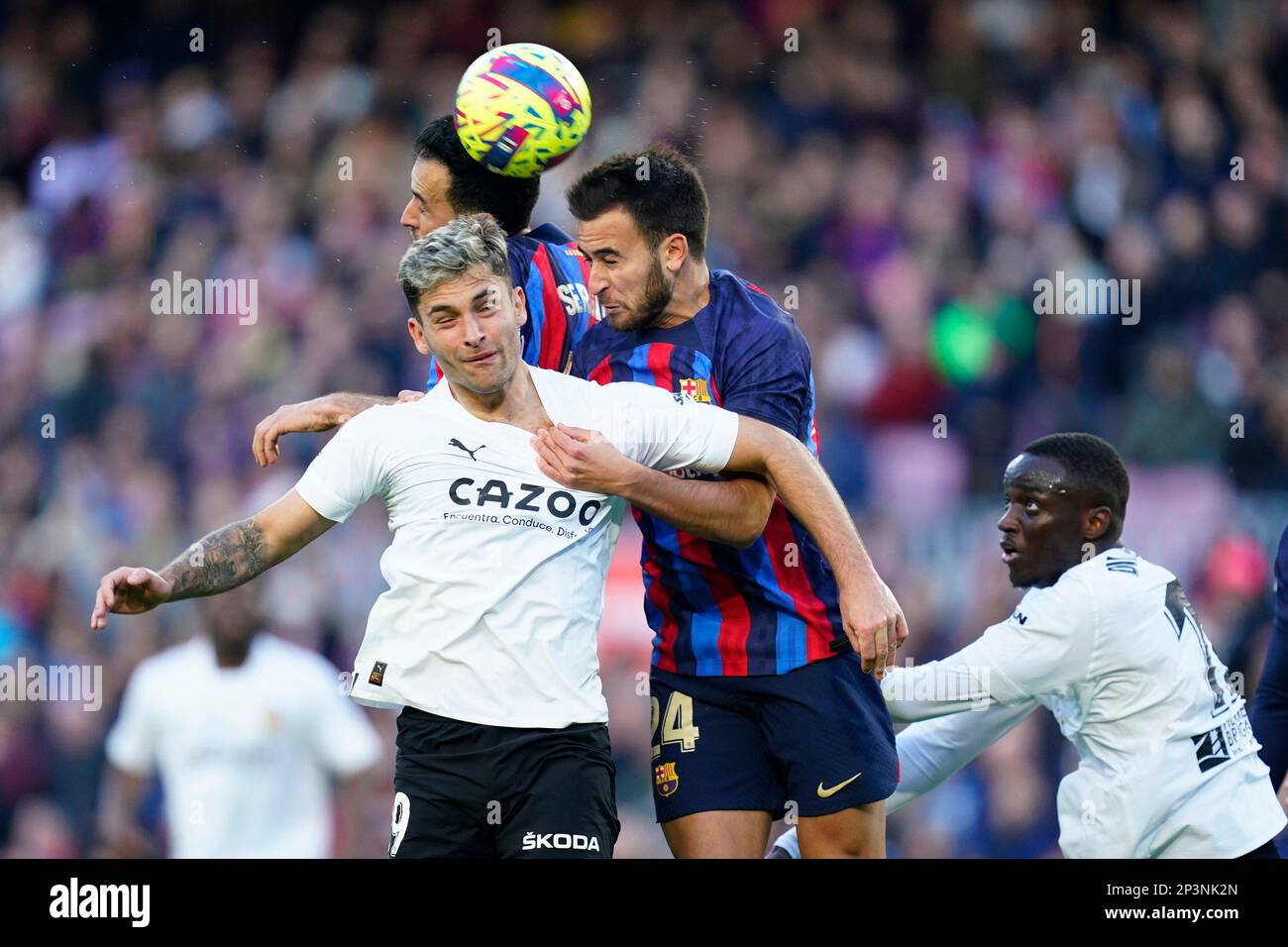 Eric Garcia of FC Barcelona and Hugo Duro of Valencia CF during the La ...