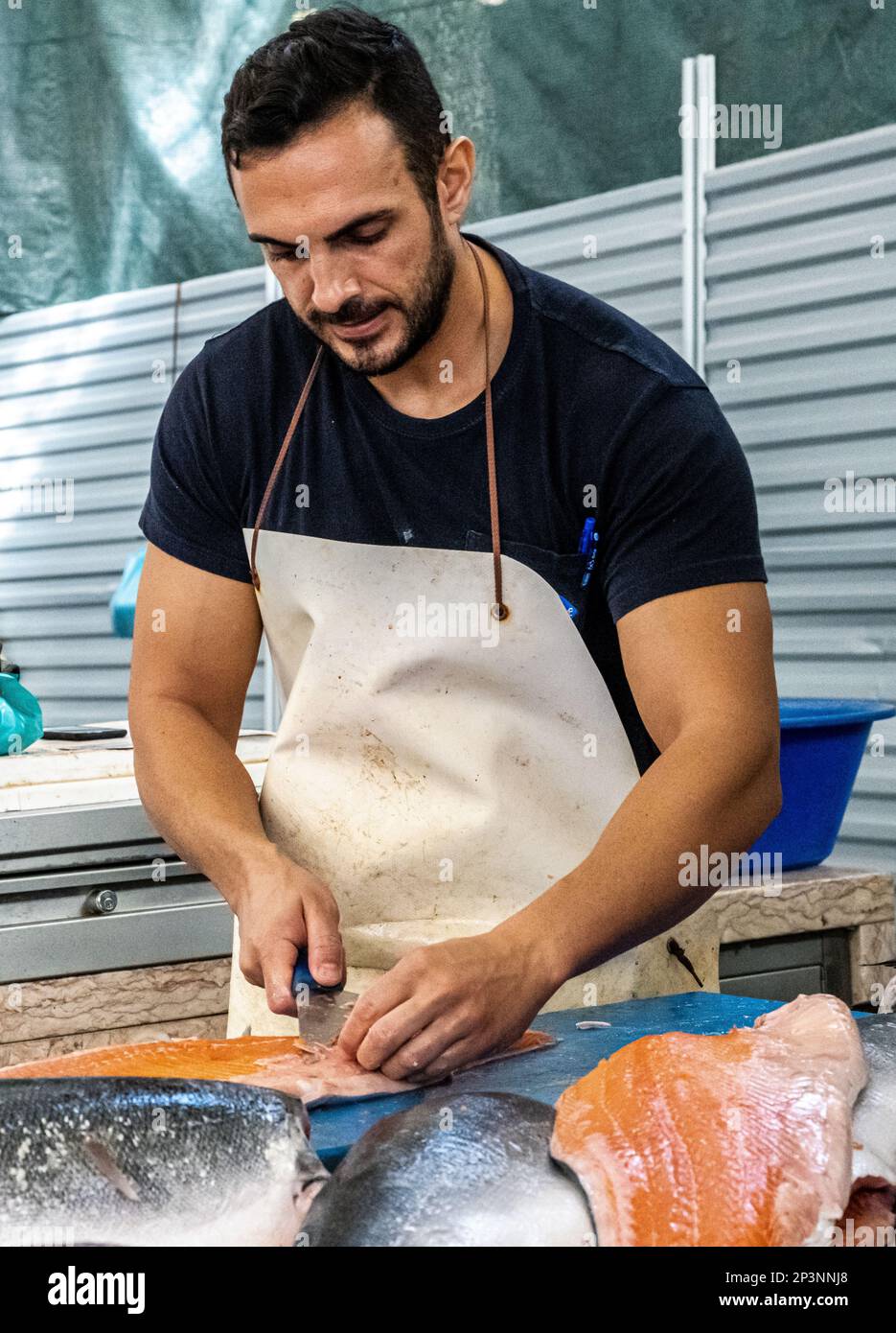 Local fish being prepared in the fish market, Funchal, Madeira Stock ...