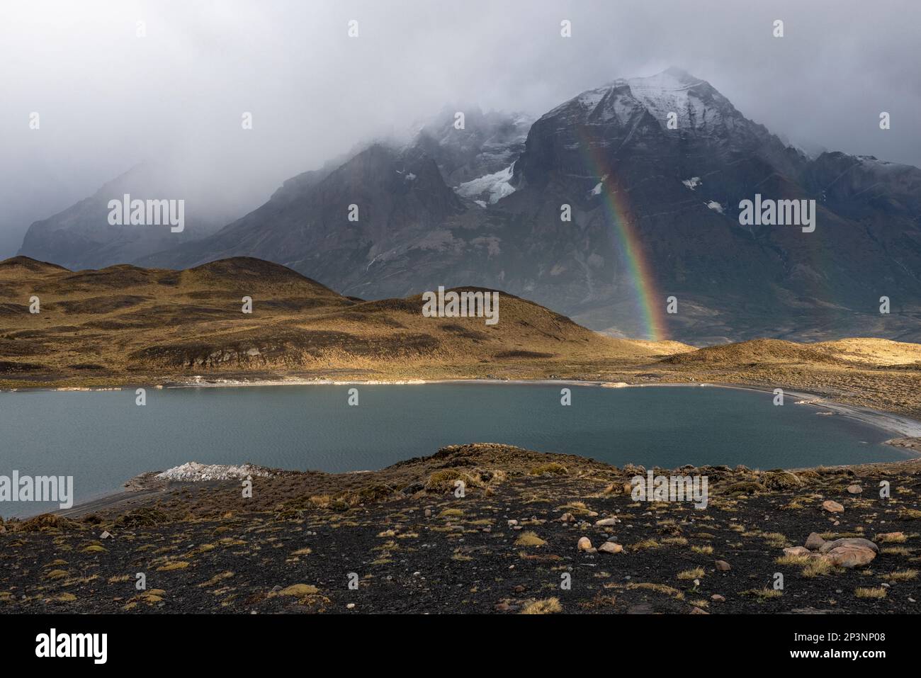 Rainbow over the famous Torres del Paine National Park in Chile ...