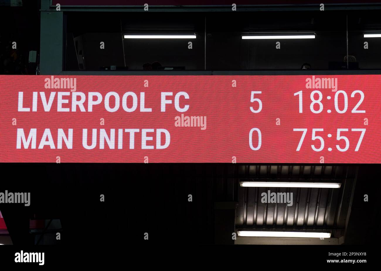 The scoreboard scoring 5-0 to Liverpool during the Premier League match ...