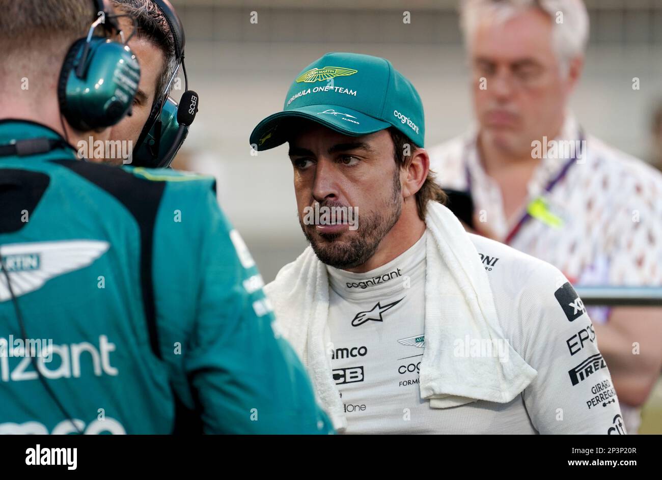 Aston Martin's Fernando Alonso before the Bahrain Grand Prix at the ...