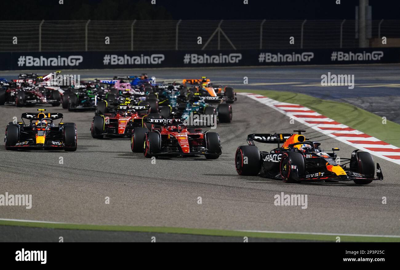 Red Bull's Max Verstappen (right) leads after the start during the ...