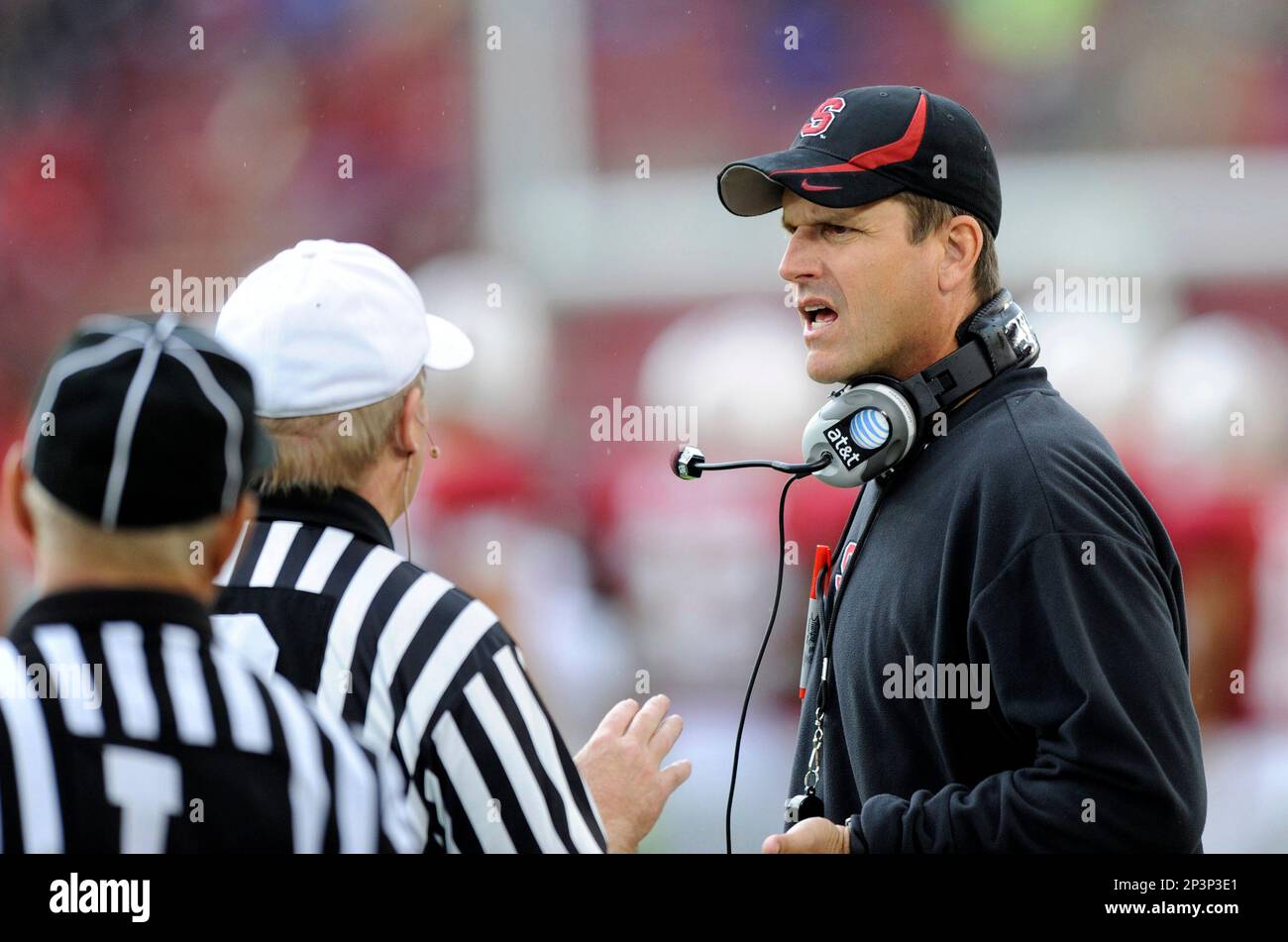 23 October 2010: Stanford head coach Jim Harbaugh has a word with the ...