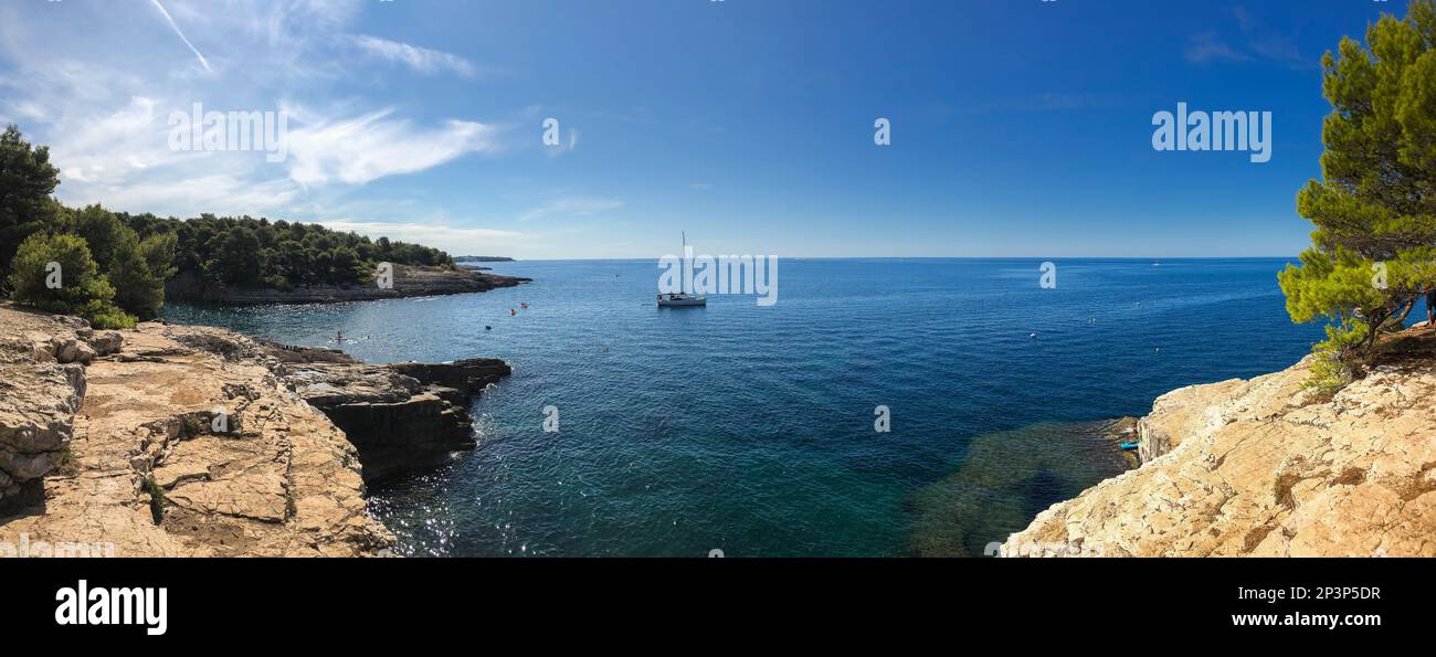Panorama View of Sunny Rocky Beach in Pula. Beautiful Summer Scenery in ...