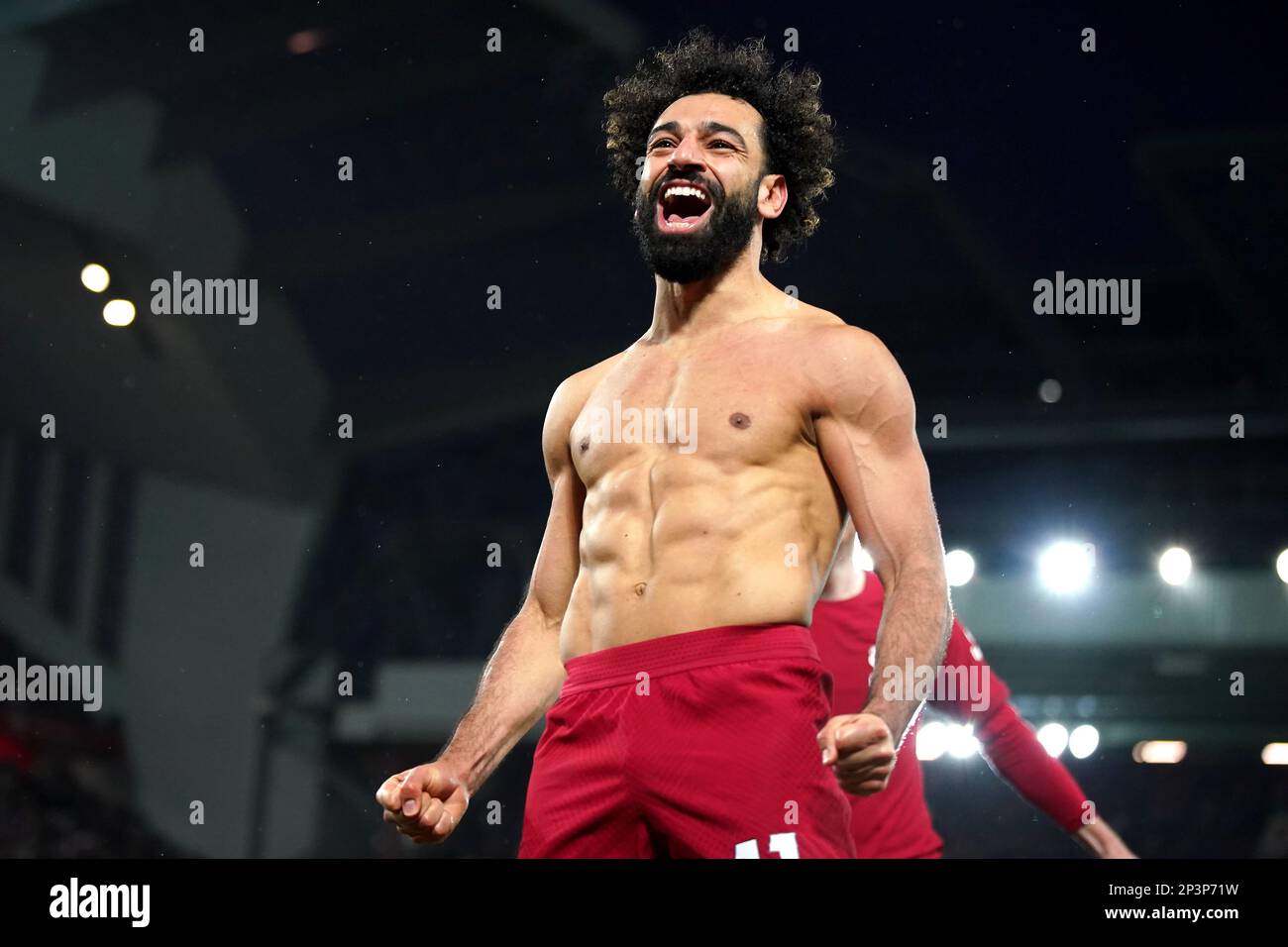 Liverpool's Mohamed Salah celebrates scoring their side's sixth goal of ...