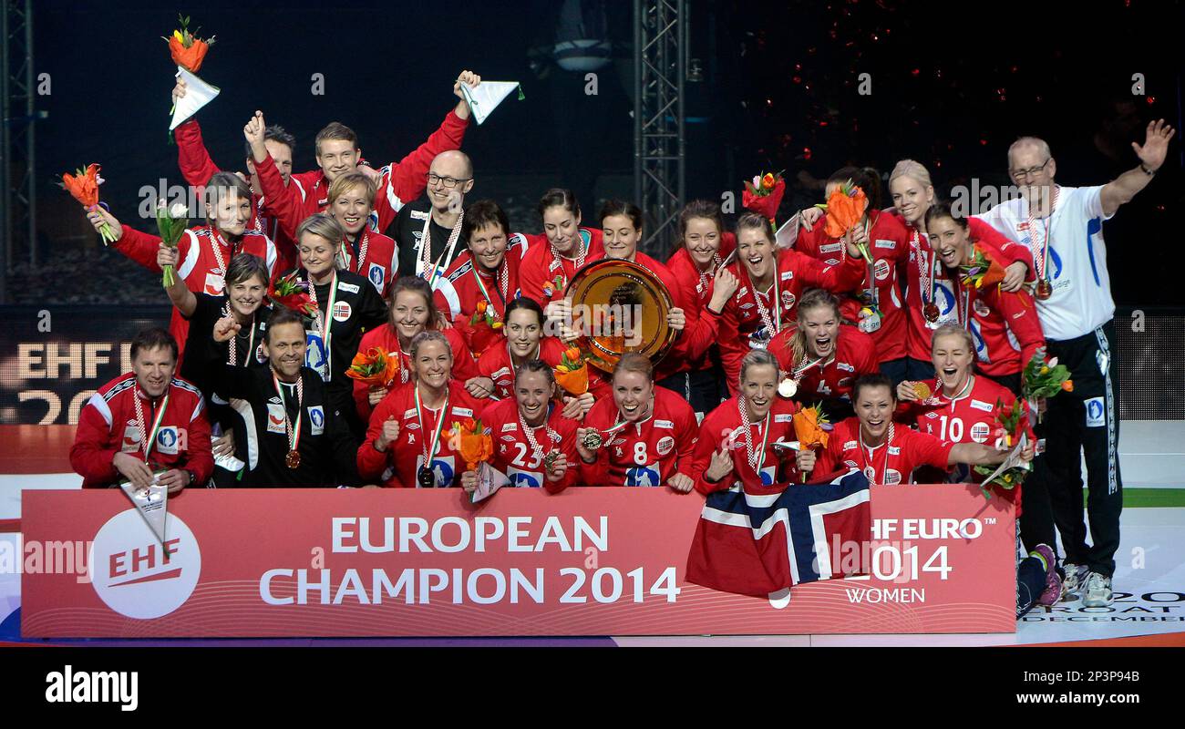 The gold medalist Norwegian team pose with their medals during the ...