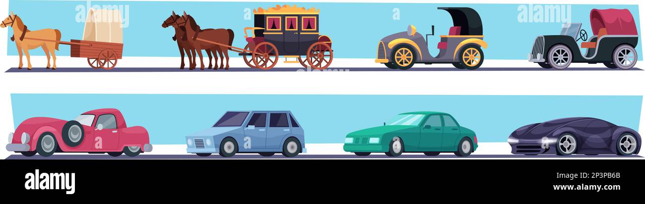 Old transport. Different vehicles new cars and vintage automobiles ...