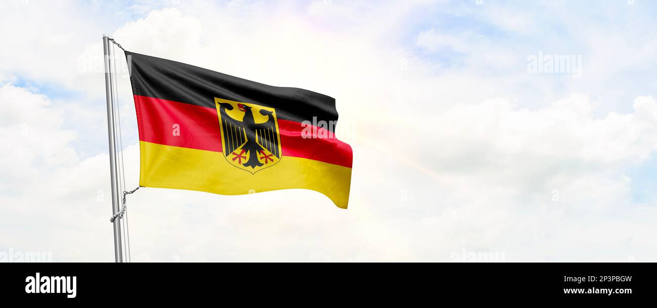 Germany flag waving on sky background. 3D Rendering Stock Photo - Alamy