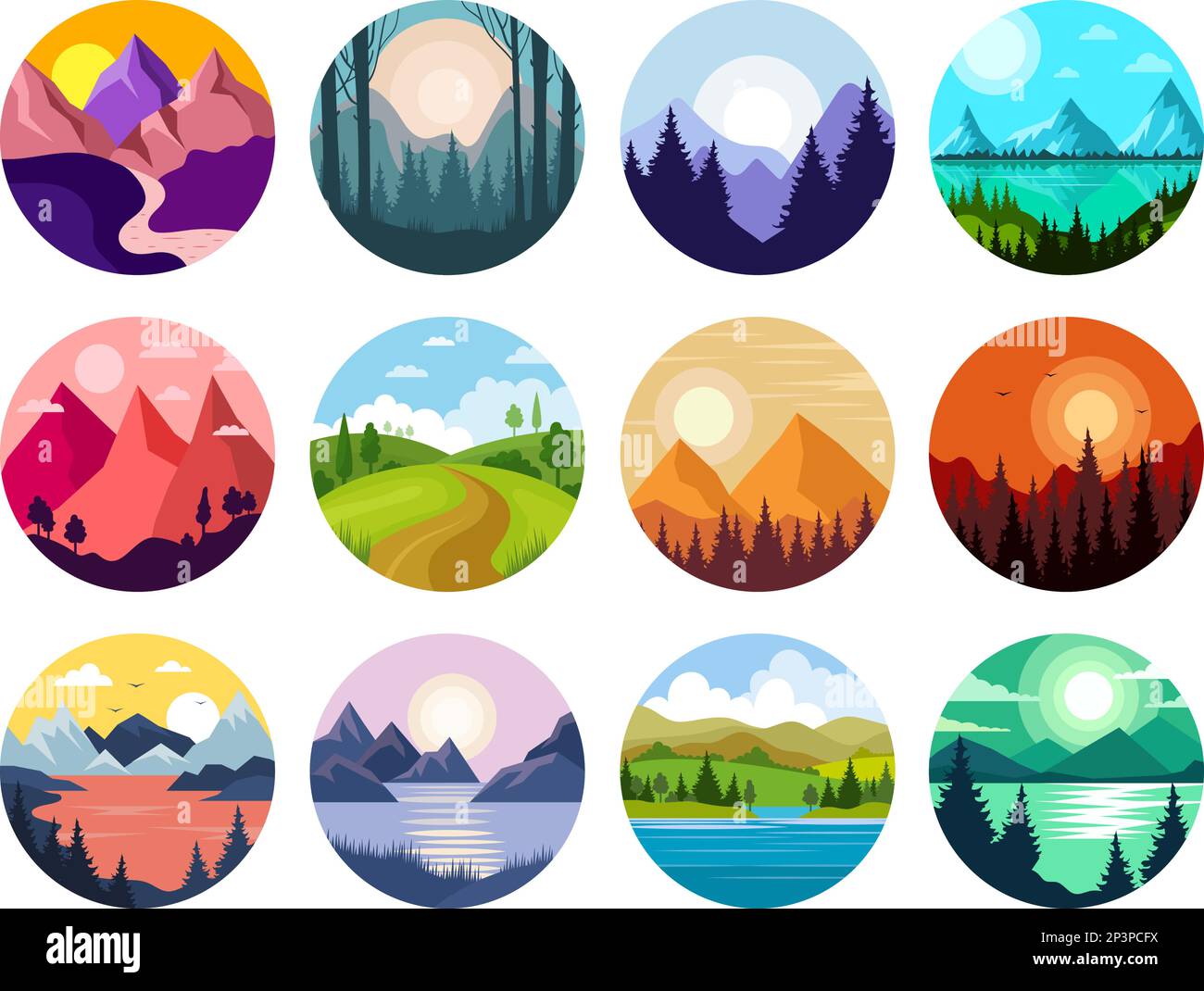 Landscape. Stylized outdoor backgrounds in circle forms landscapes with ...