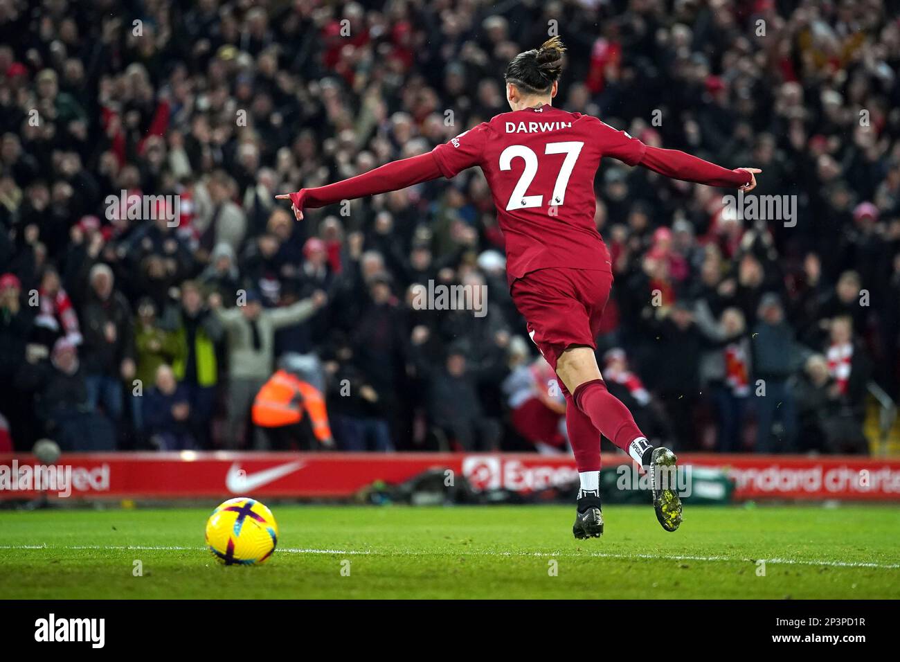Liverpool's Darwin Nunez celebrates scoring their side's fifth goal of ...