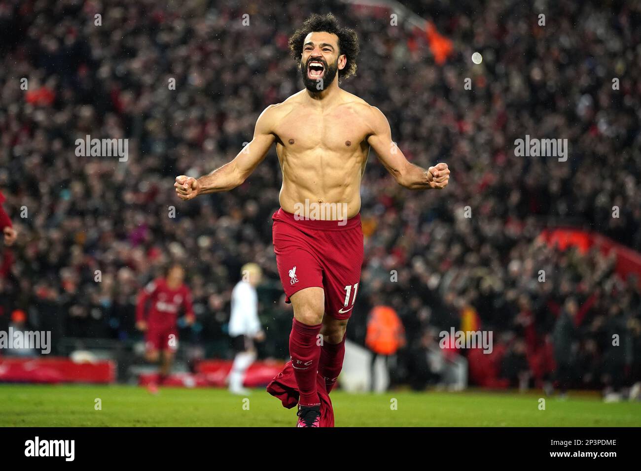 Liverpool's Mohamed Salah celebrates scoring their side's sixth goal of ...