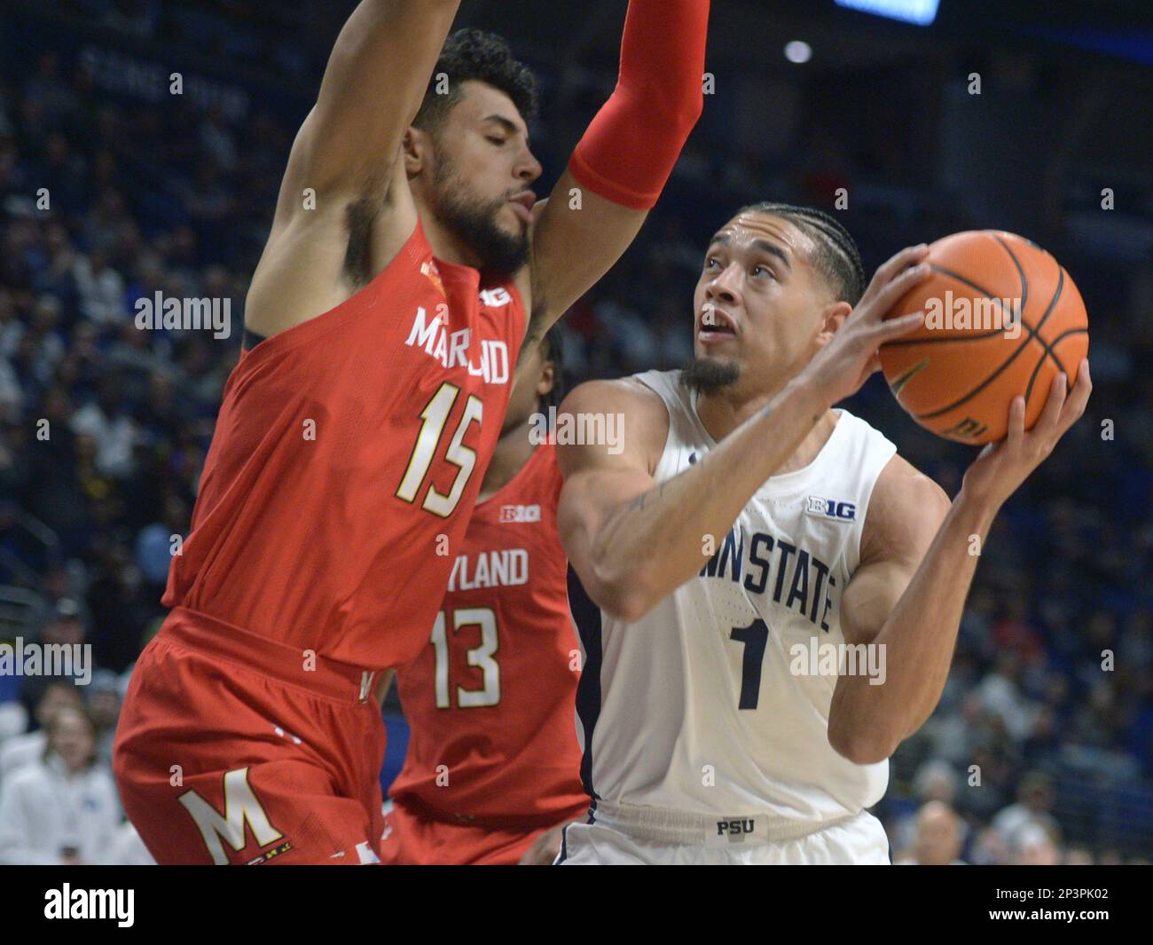 Penn State's Seth Lundy (1) goes to the basket on Maryland'sPatrick ...