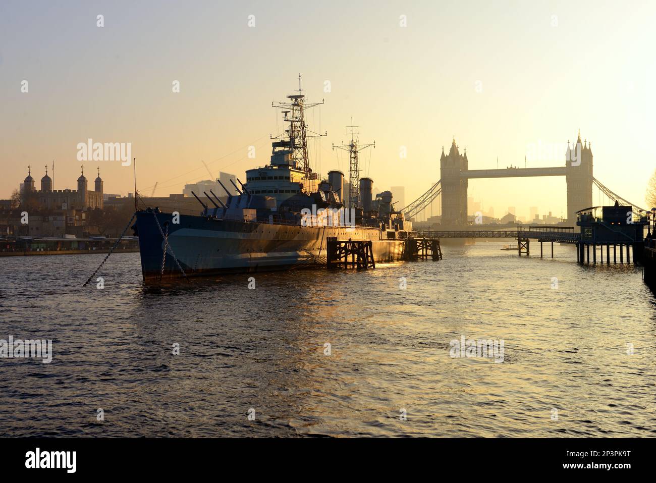 HMS Belfast and Tower Bridge at sunrise, London Stock Photo - Alamy