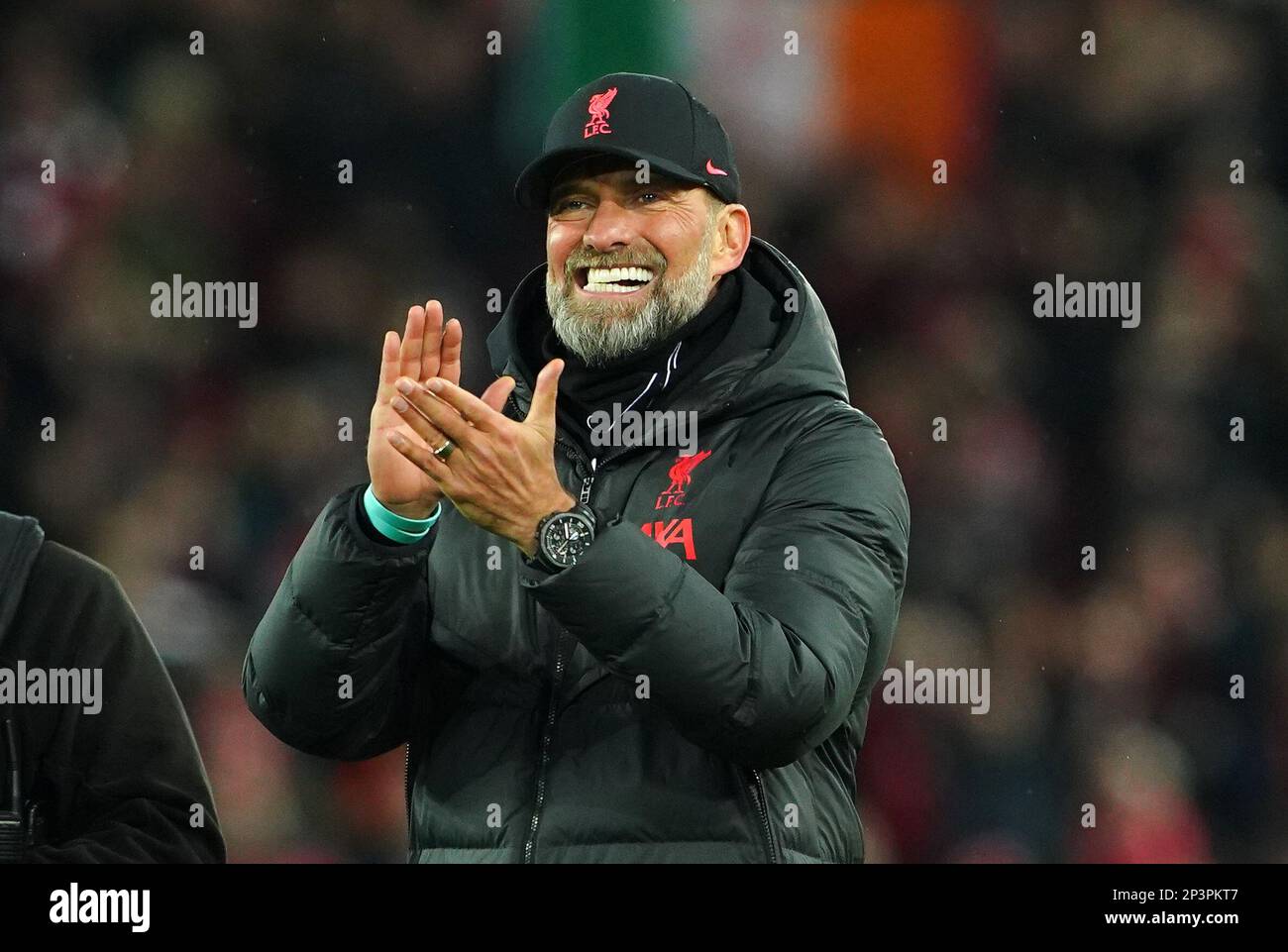 Liverpool manager Jurgen Klopp applauds after the Premier League match at Anfield, Liverpool ...