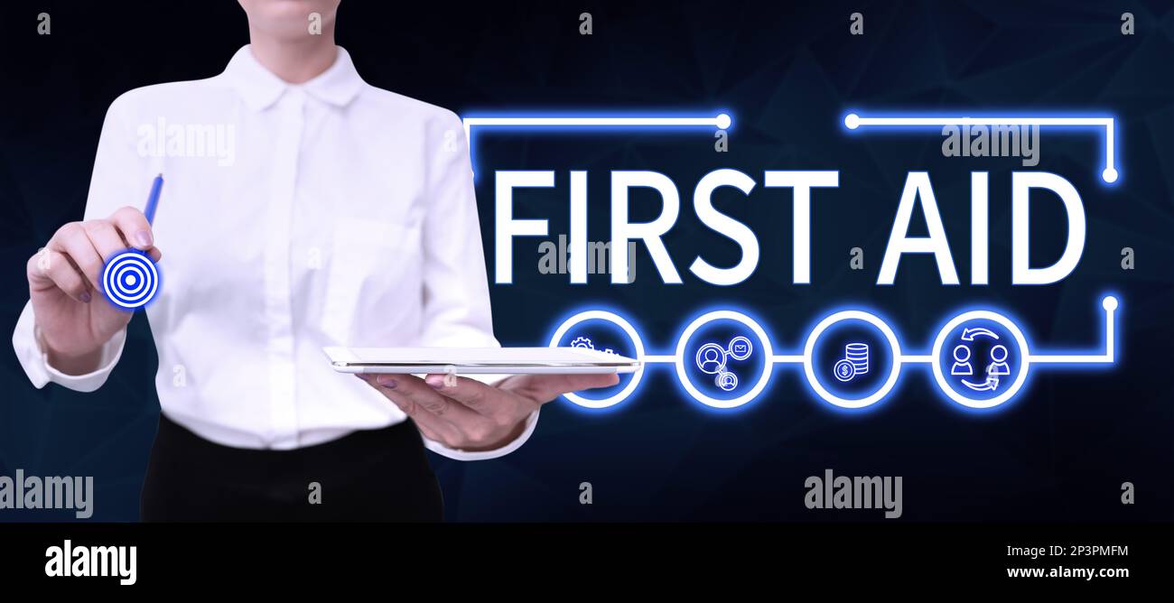 Sign displaying First Aid. Business overview Practise of healing small ...