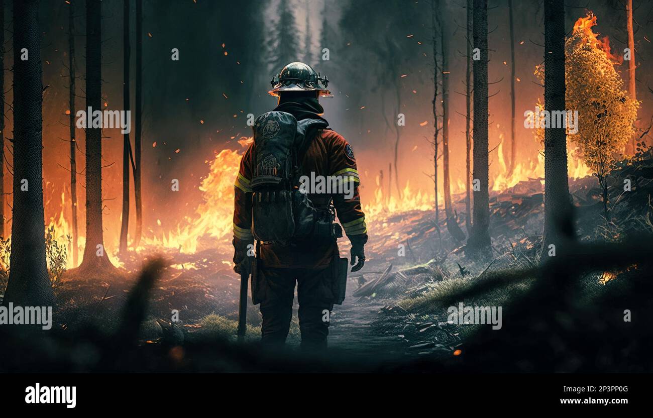 Firefighter stands in burning forest, fireman on fire background ...