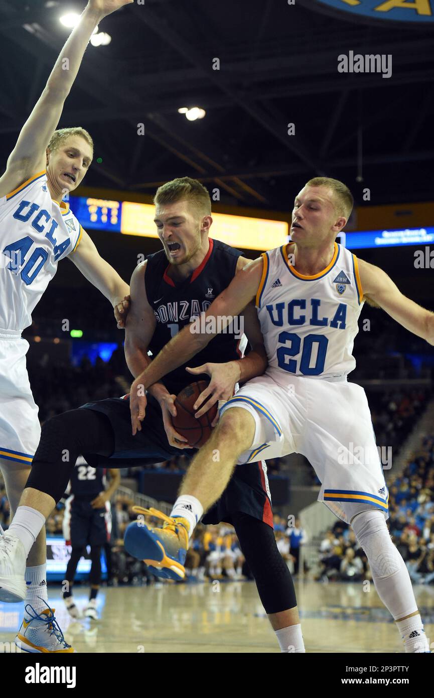 13 December 2014: Gonzaga (11) Domantas Sabonis grabs a rebound against UCLA (40) Thomas Welsh ...