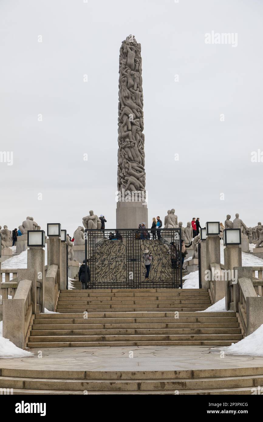 Norway, Oslo - 17 February 2019: View of the monolith in Frogner Park ...