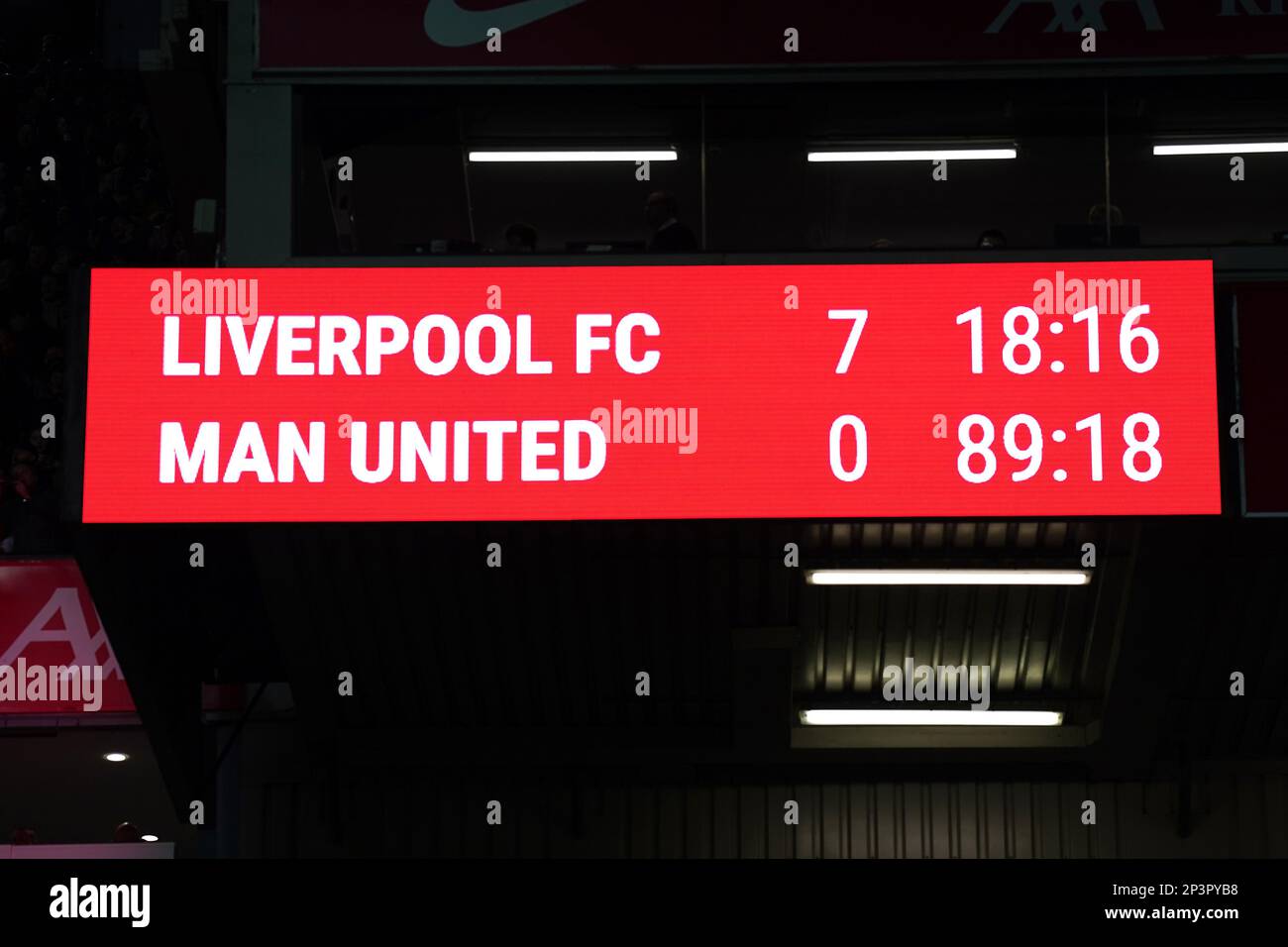 The final score on the large screen, showing 7-0 to Liverpool after the ...