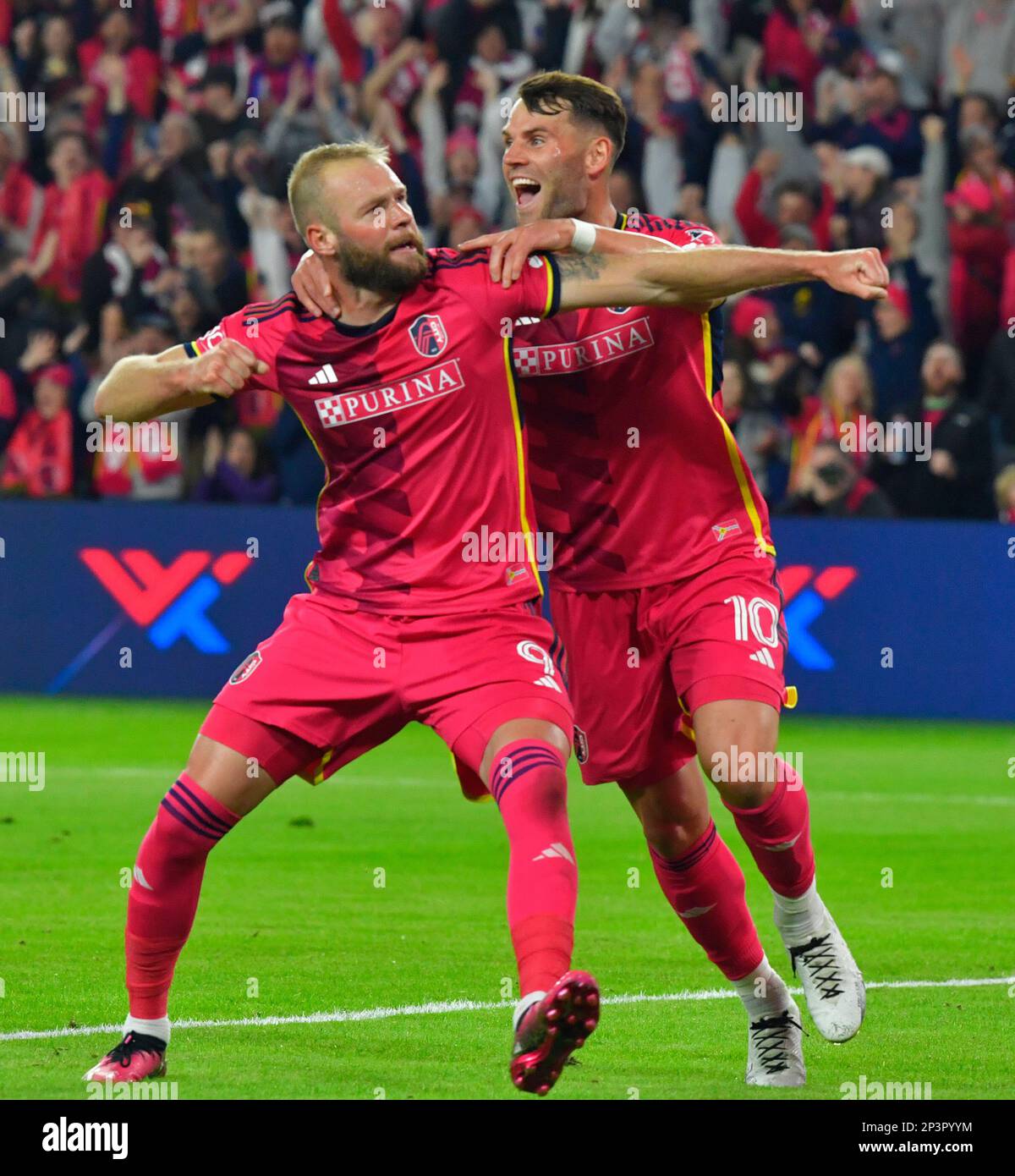 St. Louis City forward Joao Klauss (9, left) celebrates with teammate ...