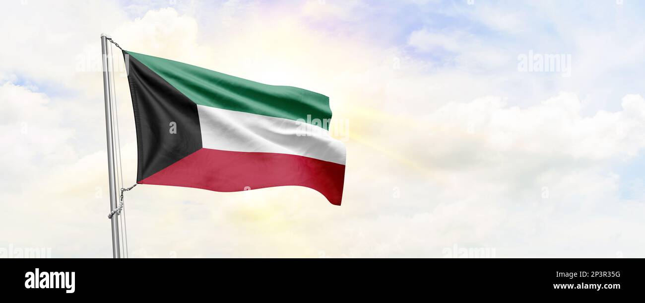 Kuwait flag waving on sky background. 3D Rendering Stock Photo - Alamy