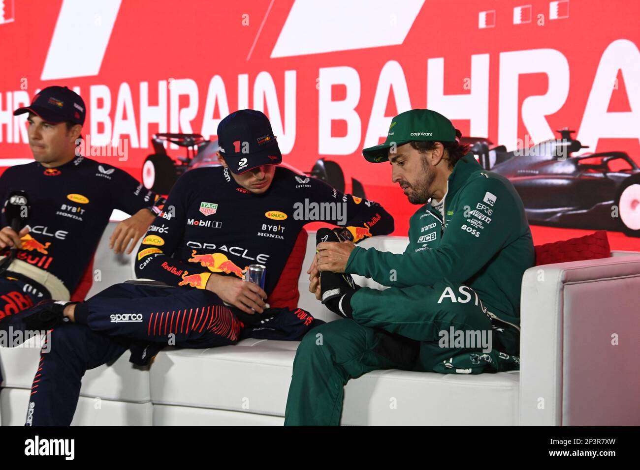 Sakhir, Bahrain. 05th Mar, 2023. (L to R): Sergio Perez (MEX) Red Bull ...