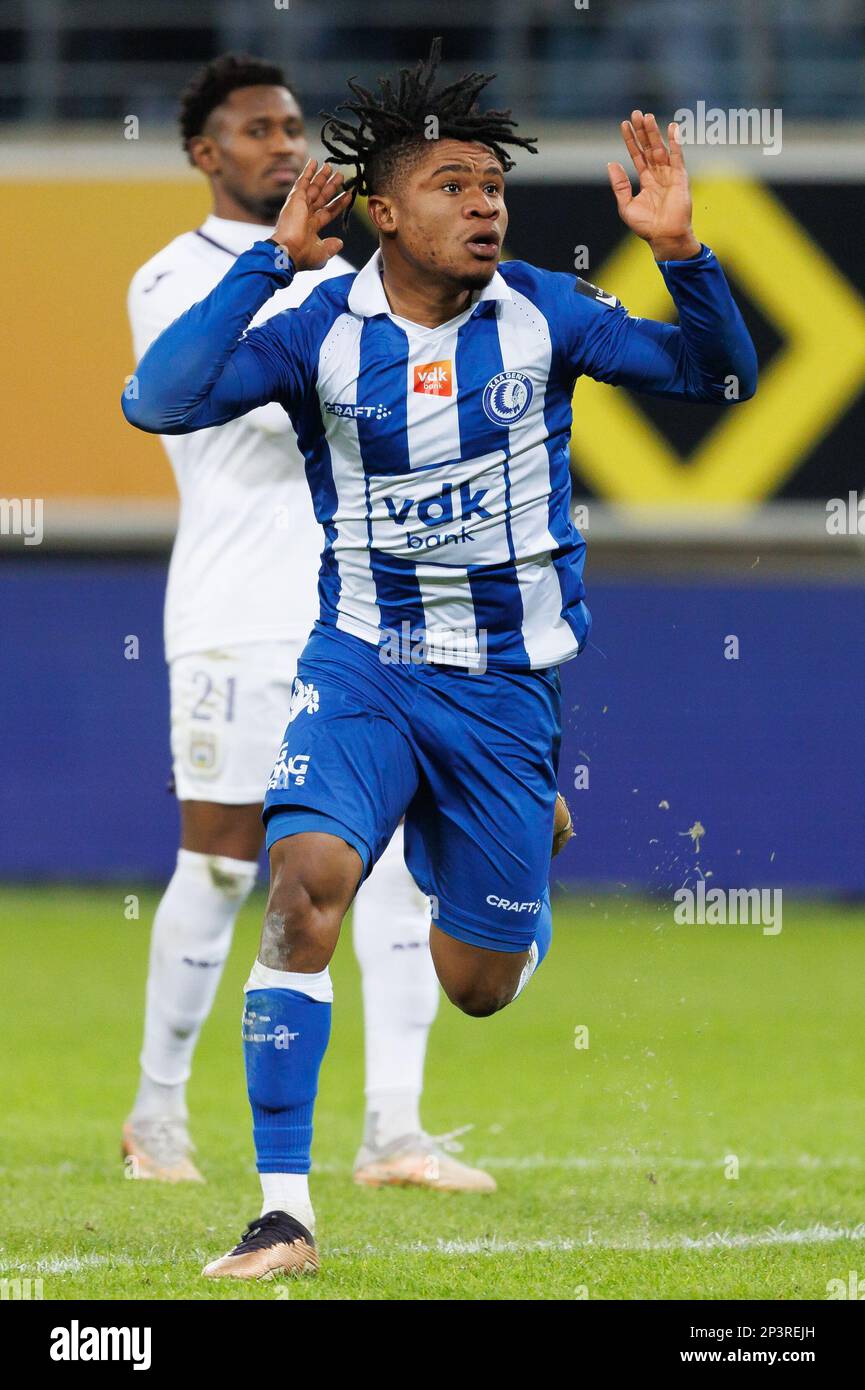 Gent's Gift Emmanuel Orban celebrates after scoring during a soccer ...
