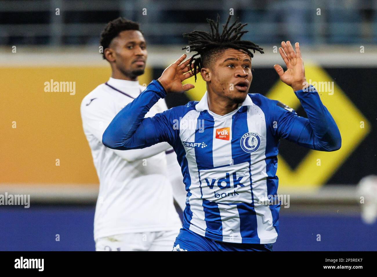 Gent's Gift Emmanuel Orban celebrates after scoring during a soccer ...