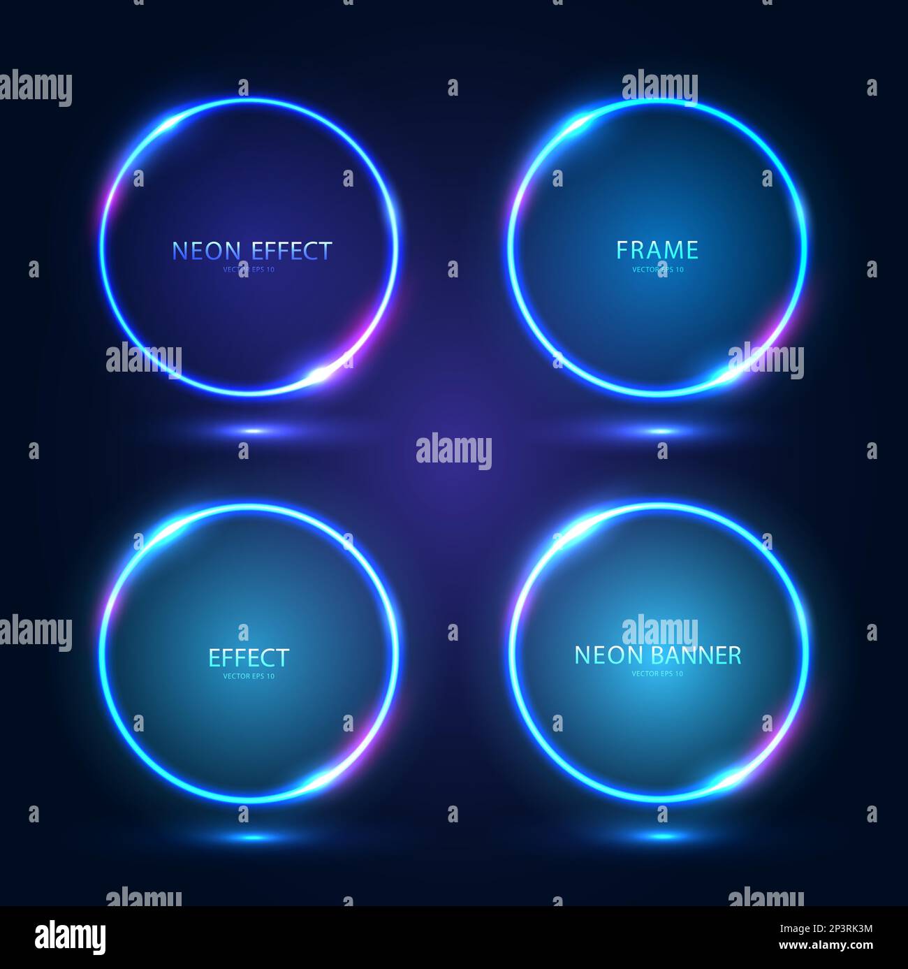 Round blue neon frames with shining effects and highlights on a dark ...