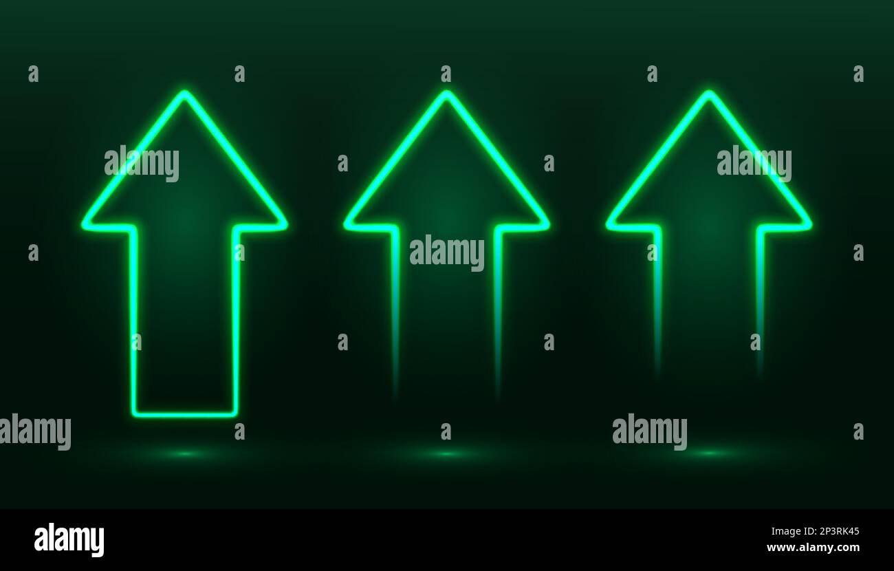 A set of neon arrows with shining effects, highlights on a dark green ...