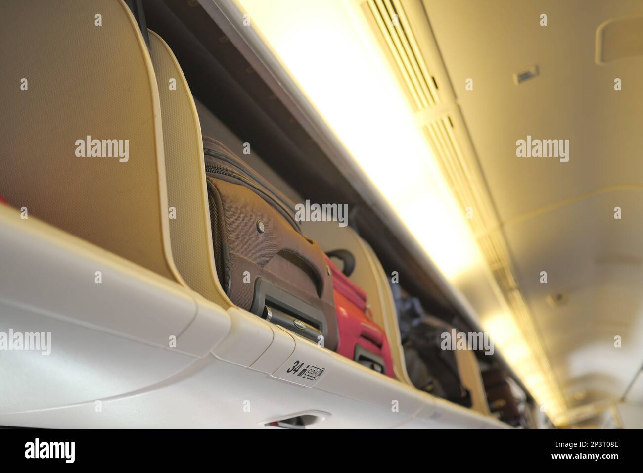 suitcase in a overhead baggage area in a Airplane cabin Stock Photo - Alamy