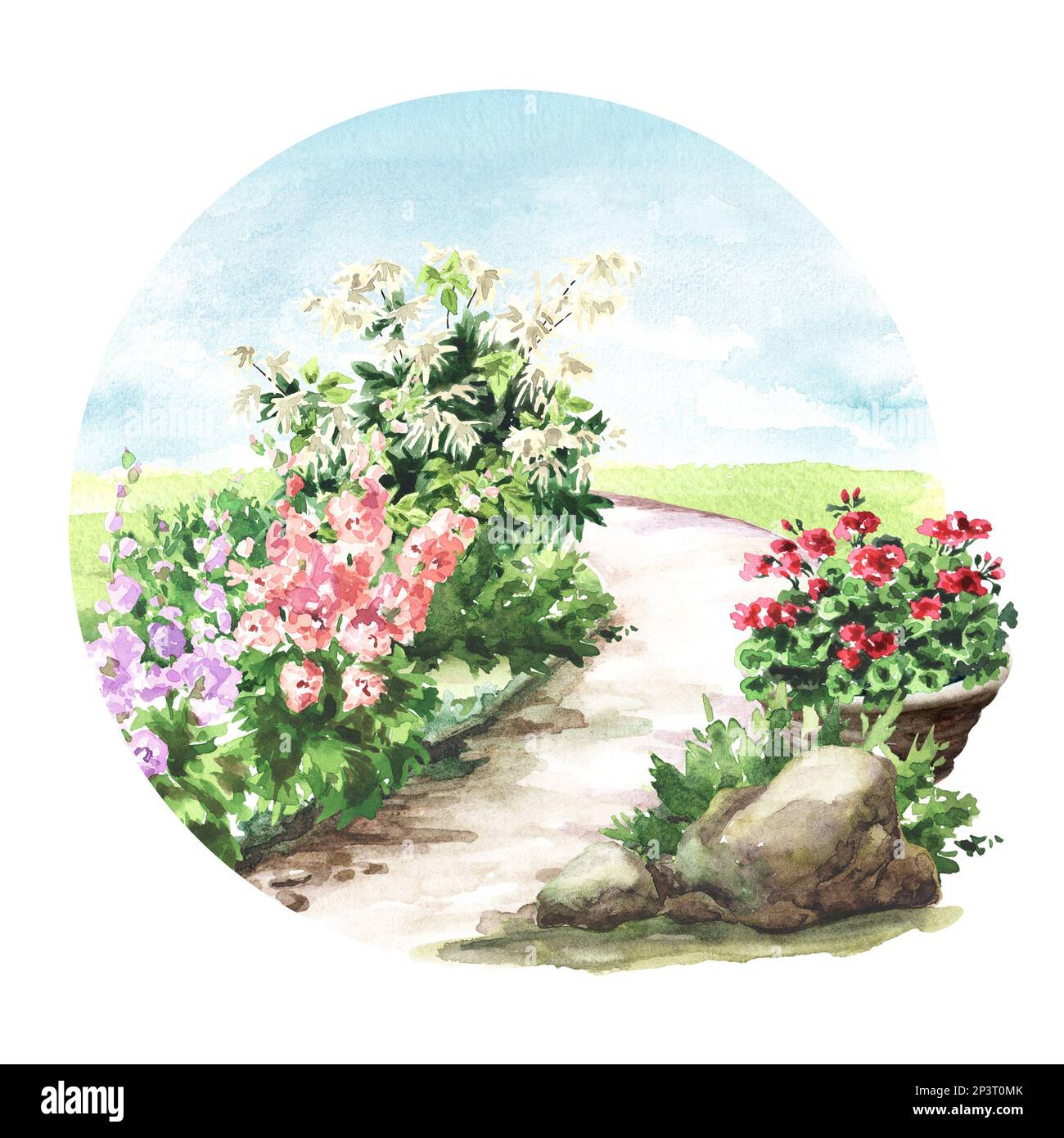 Garden Decorative flower bed and walking path, Landscape design card ...