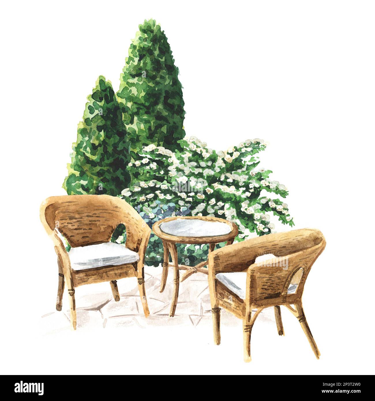 Relax zone in a cozy blooming garden, Wicker chairs . Hand drawn ...