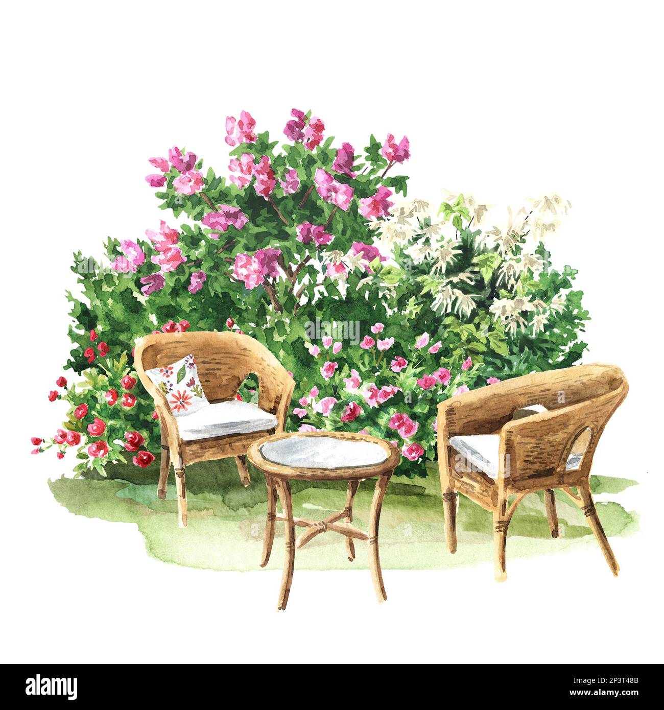 Relax zone in a cozy blooming garden. Wicker furniture chairs and a ...