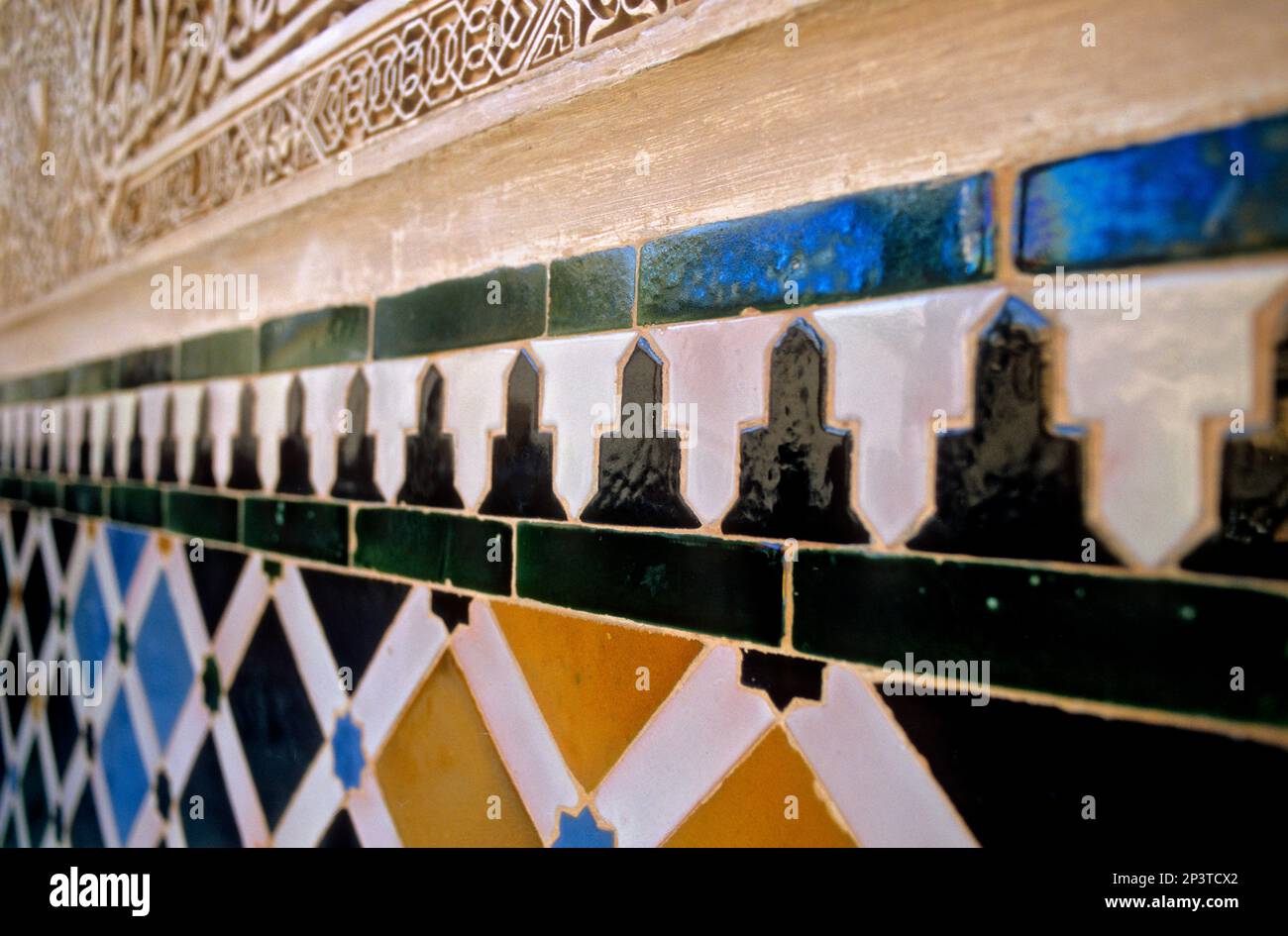 Detail of decoration (tilework and stucco) .Courtyard of Arrayanes ...