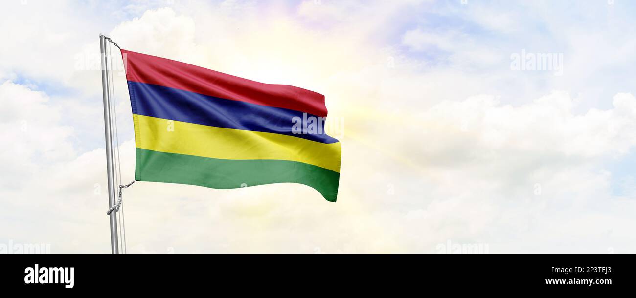 Mauritius flag waving on sky background. 3D Rendering Stock Photo - Alamy
