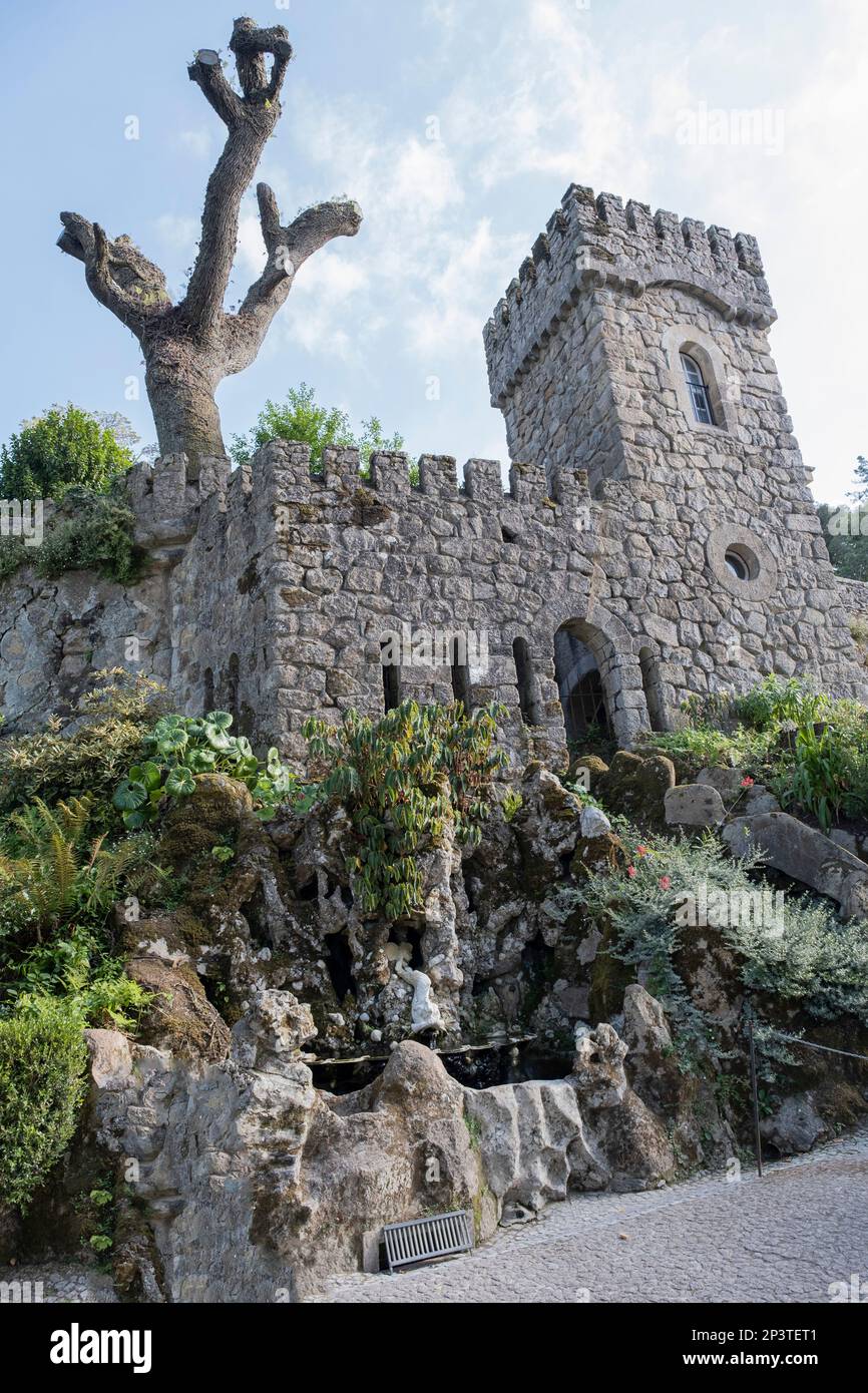 Crenelated tower seen from below at Quinta de Regaleira in Sintra ...