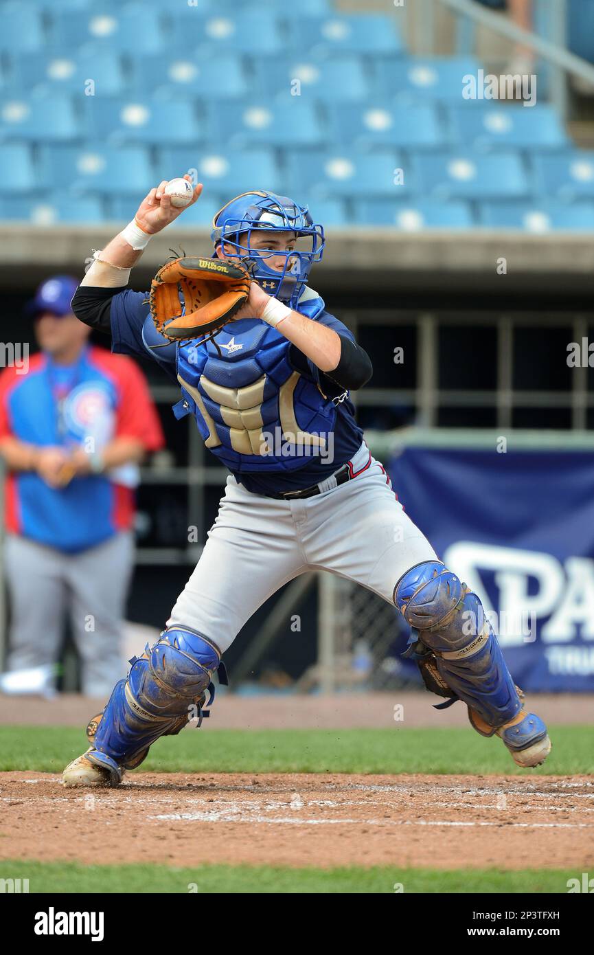 Catcher Aaron Rzucidlo (20) of Walton High School in Marietta, Georgia ...