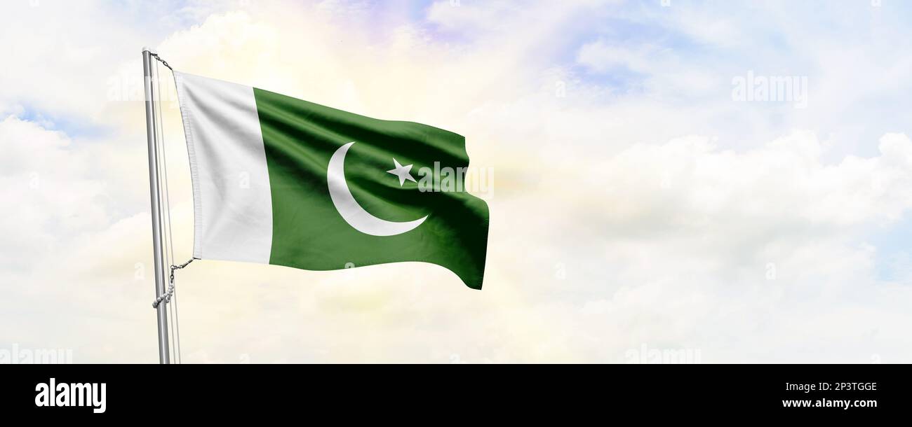 Pakistan flag waving on sky background. 3D Rendering Stock Photo - Alamy