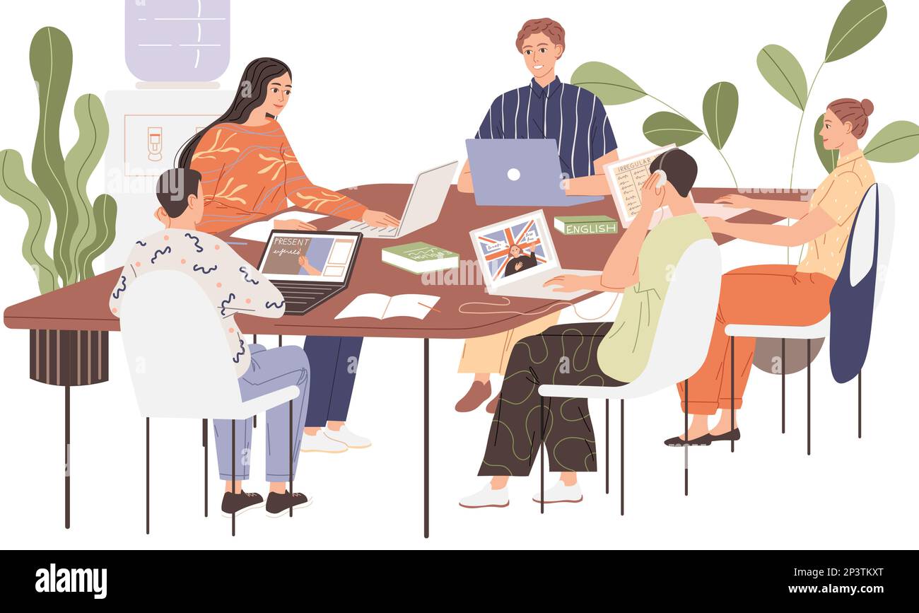 Students in English class sit at tables and study the material Stock ...