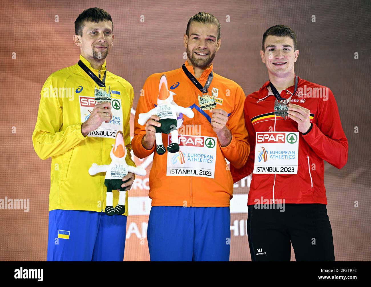 Ukrainian Andrii Protsenko, Dutch Douwe Amels and Belgian Thomas Carmoy pictured during a podium ...