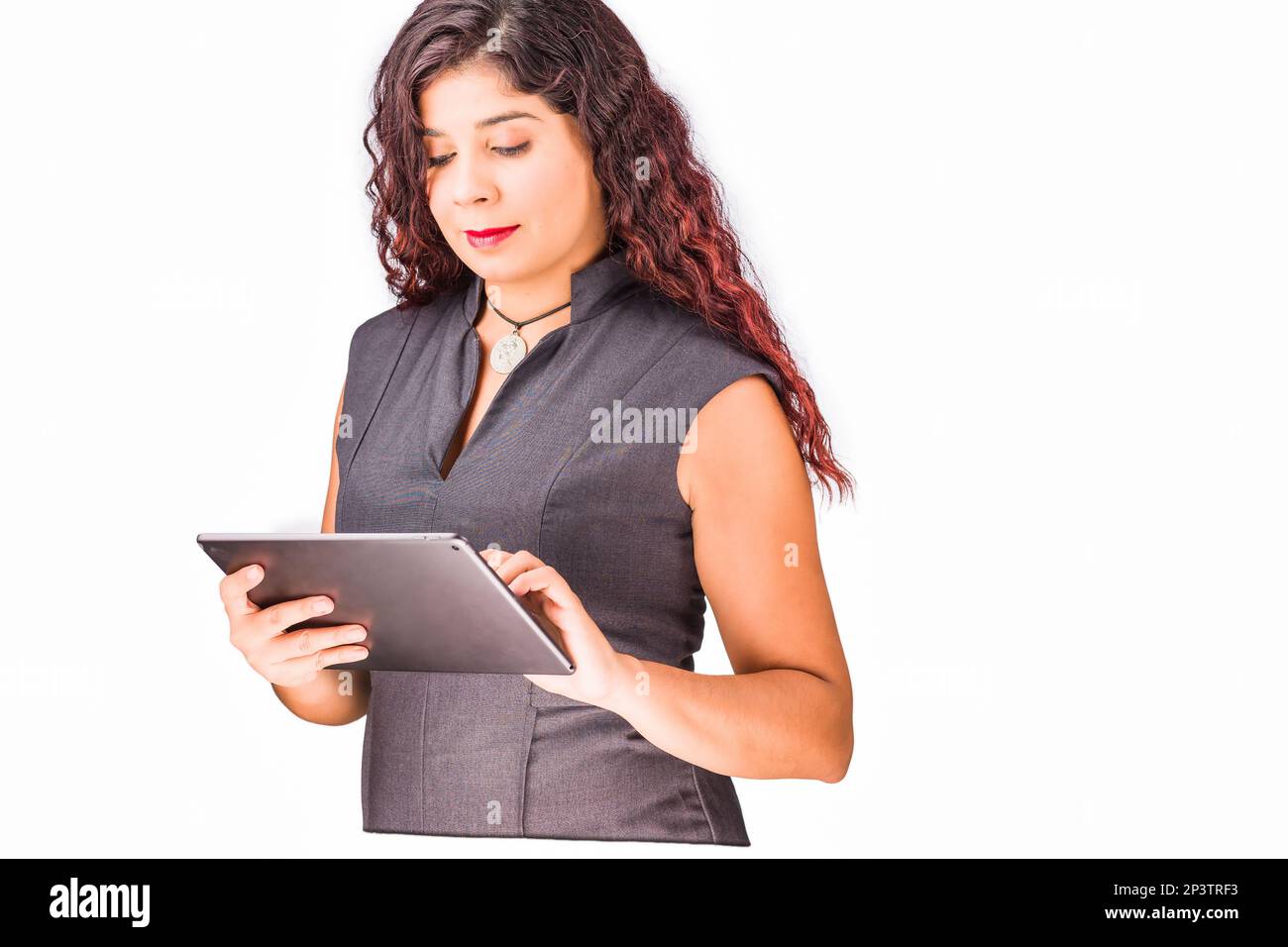 venezuelan latin mid businesswoman happy with tablet internet ...