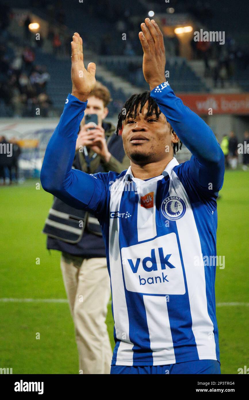 Gent's Gift Emmanuel Orban celebrates after winning a soccer match ...