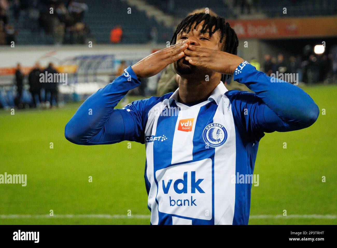 Gent's Gift Emmanuel Orban celebrates after winning a soccer match ...