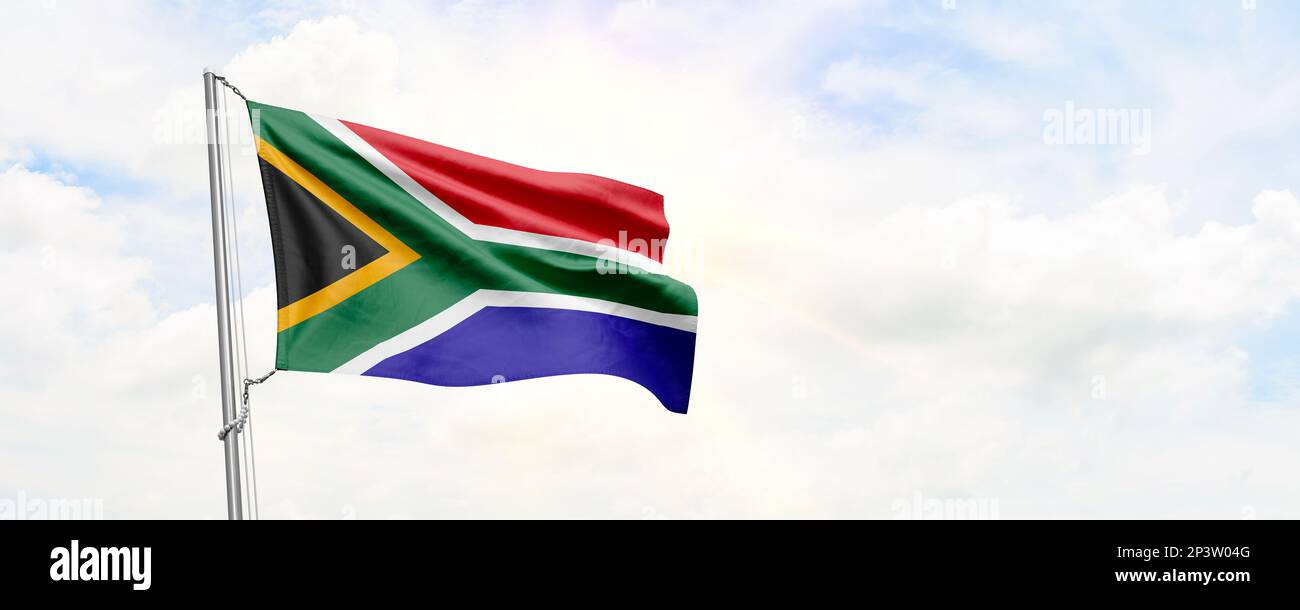 South Africa flag waving on sky background. 3D Rendering Stock Photo ...
