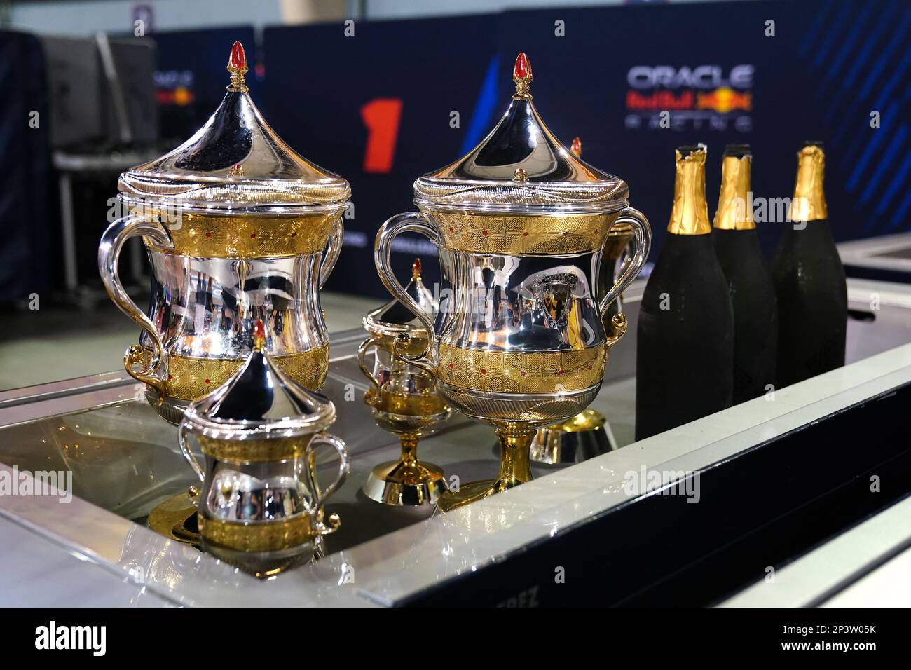 General view of the trophies of race winner Red Bull's Max Verstappen ...