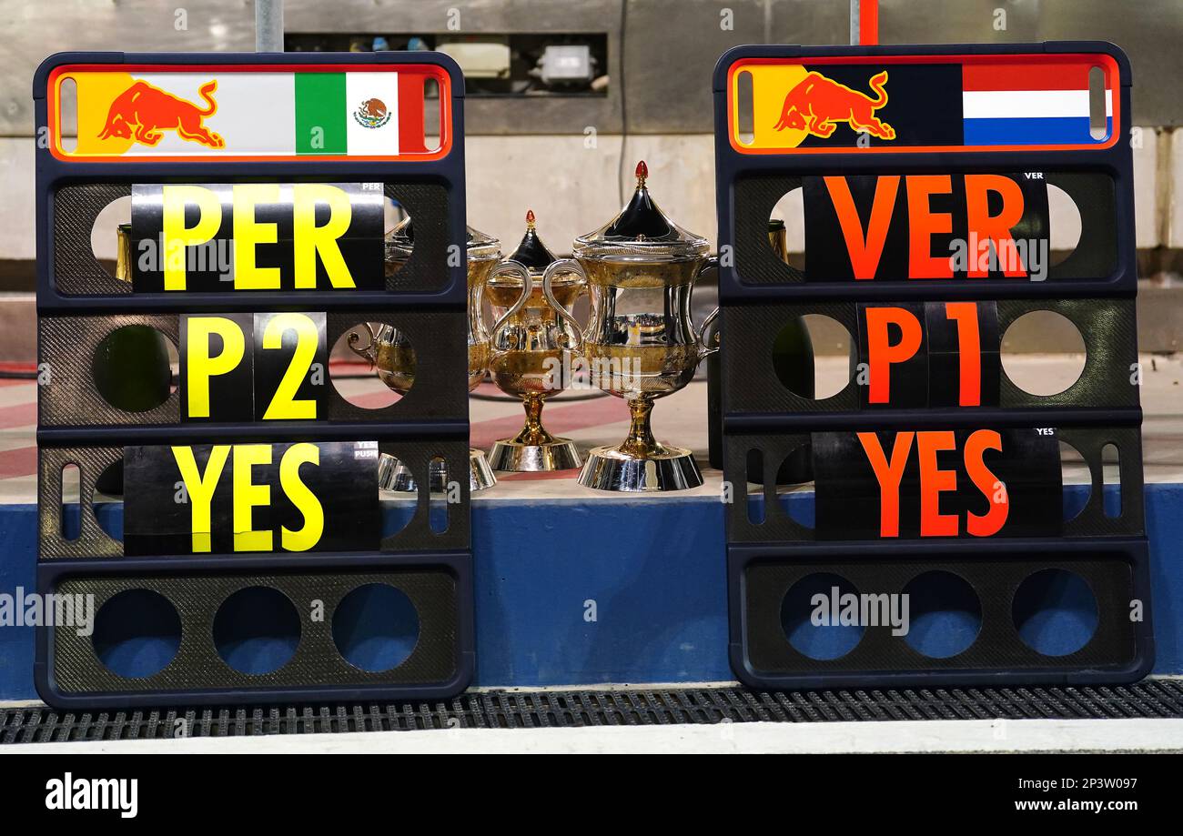 General view of the trophies and boards of race winner Red Bull's Max ...