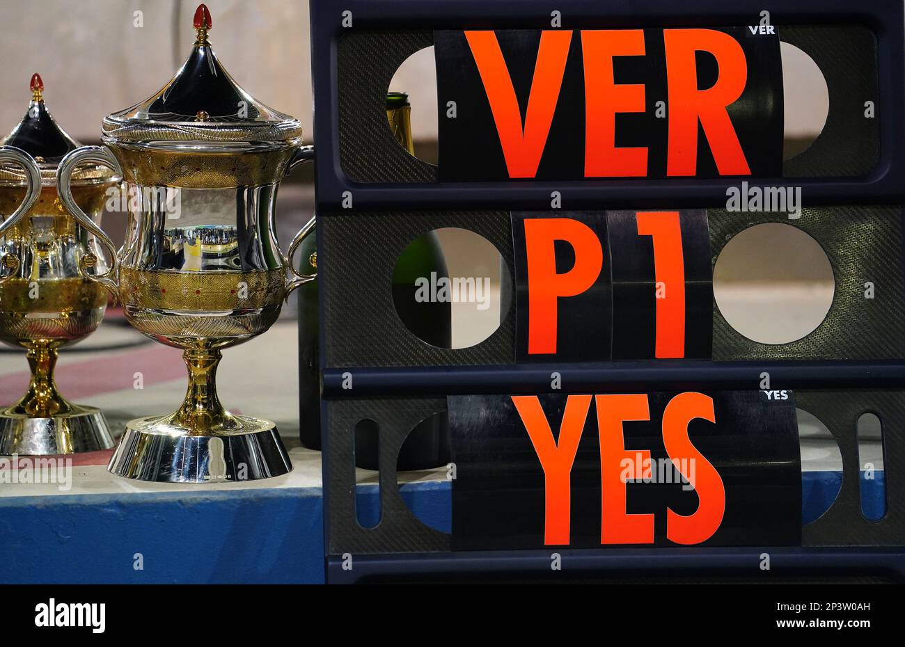 General view of the trophies and boards of race winner Red Bull's Max ...