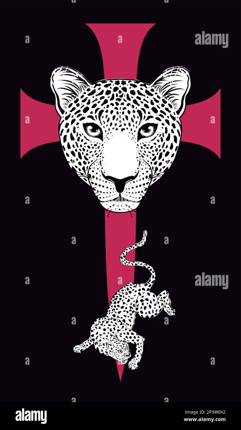 T-shirt design with leopards on a large red medieval cross silated on ...