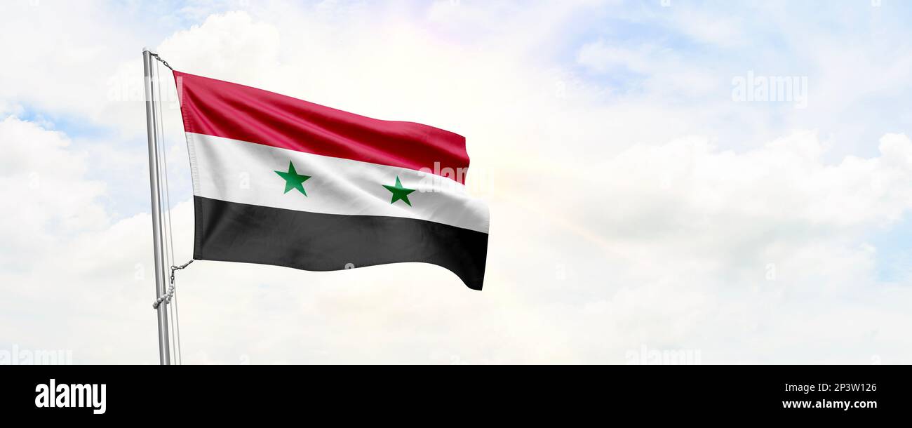 Syria flag waving on sky background. 3D Rendering Stock Photo - Alamy